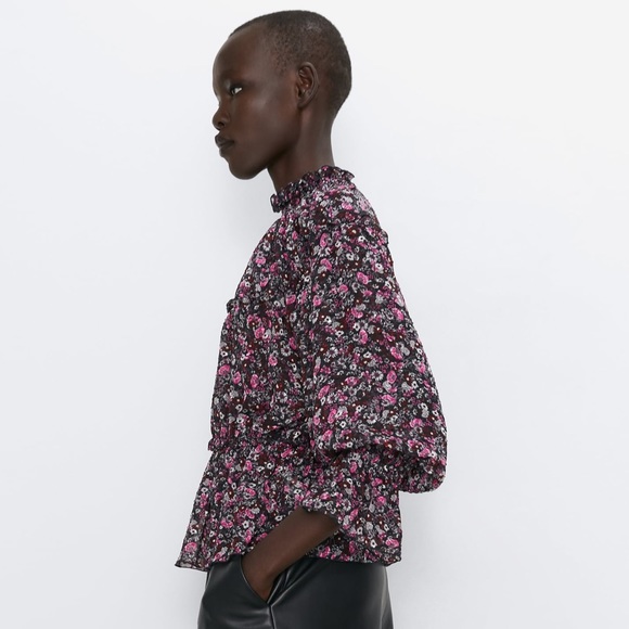 Zara | Tops | Zara Ruffled Print High Collar Blouse Blackpink | Poshmark